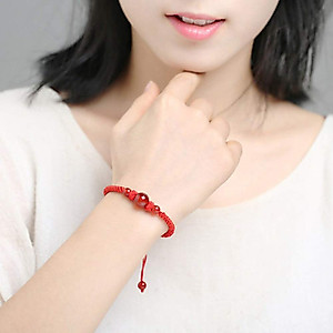 MENGLINA Men Women Handmade Lucky Chinese Knot Adjustable Rope Couple Bracelets Natural Red Agate Stone Black Obsidian Ball Beads Braided Feng Shui Bracelet Lovers Jewelry (Multicolor)