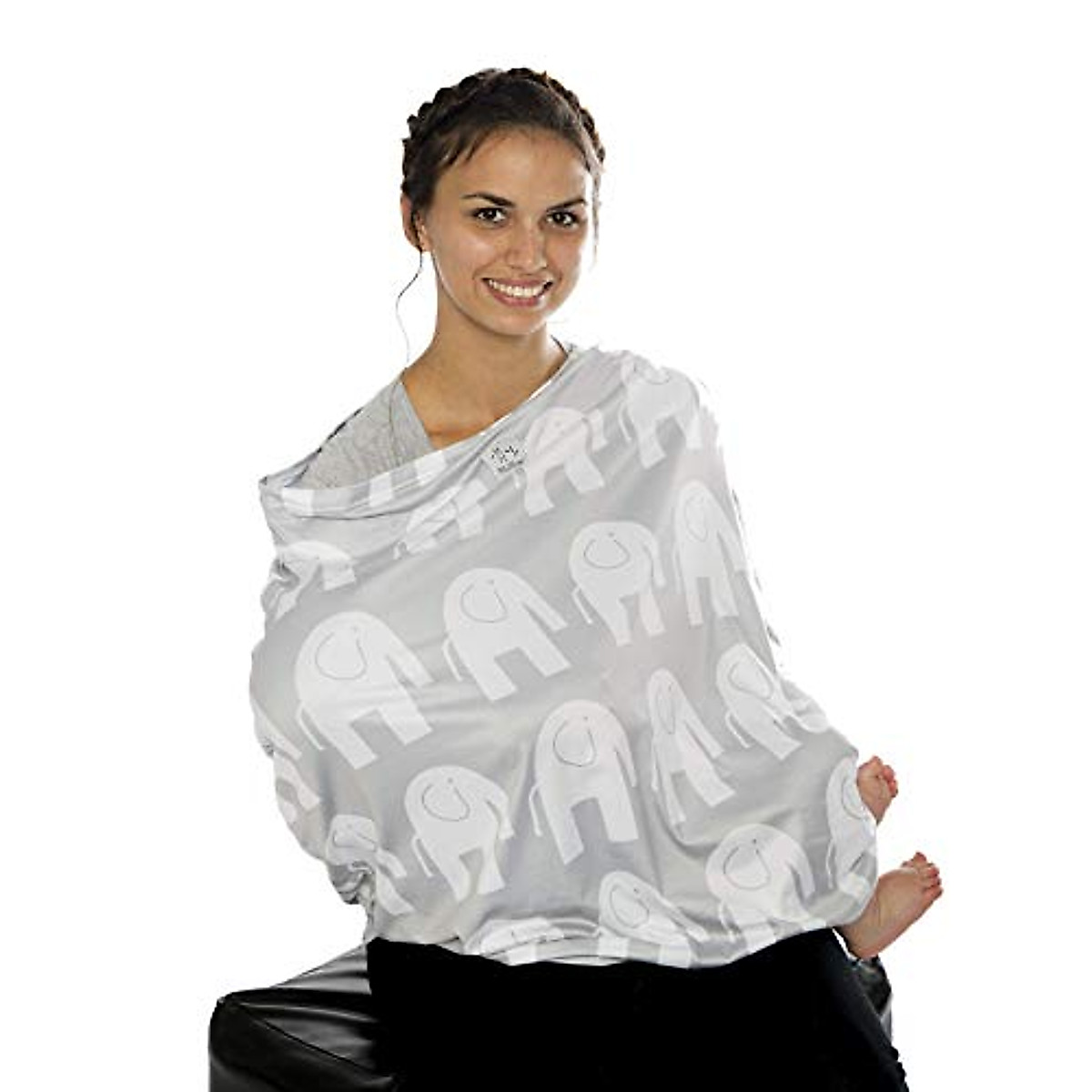 MoM-me Nursing Cover, Multi use for Baby Car Seat Cover, Breastfeeding, Canopy, Stroller and Infant Pillow Wrap or Cover Ups. for Boys and Girls. Grey/White Elephant Design