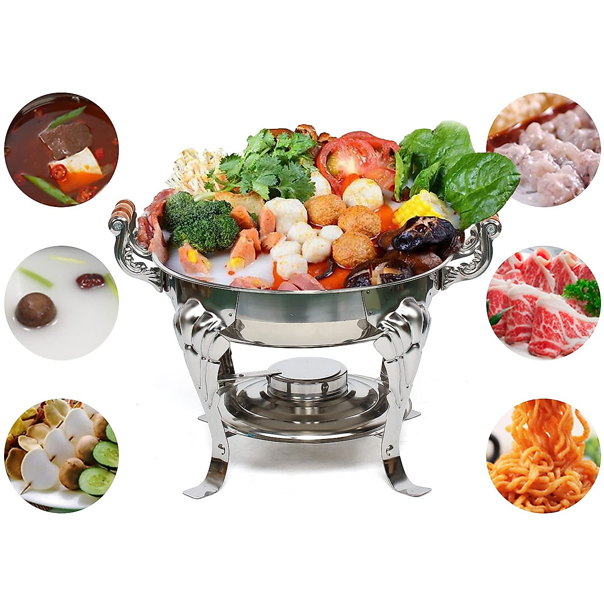 Chafing Dish Stainless Steel Round Durable Buffet Warmer Tray with Lid and Chafing Fuel Holder for Kitchen Party Dining Buffet