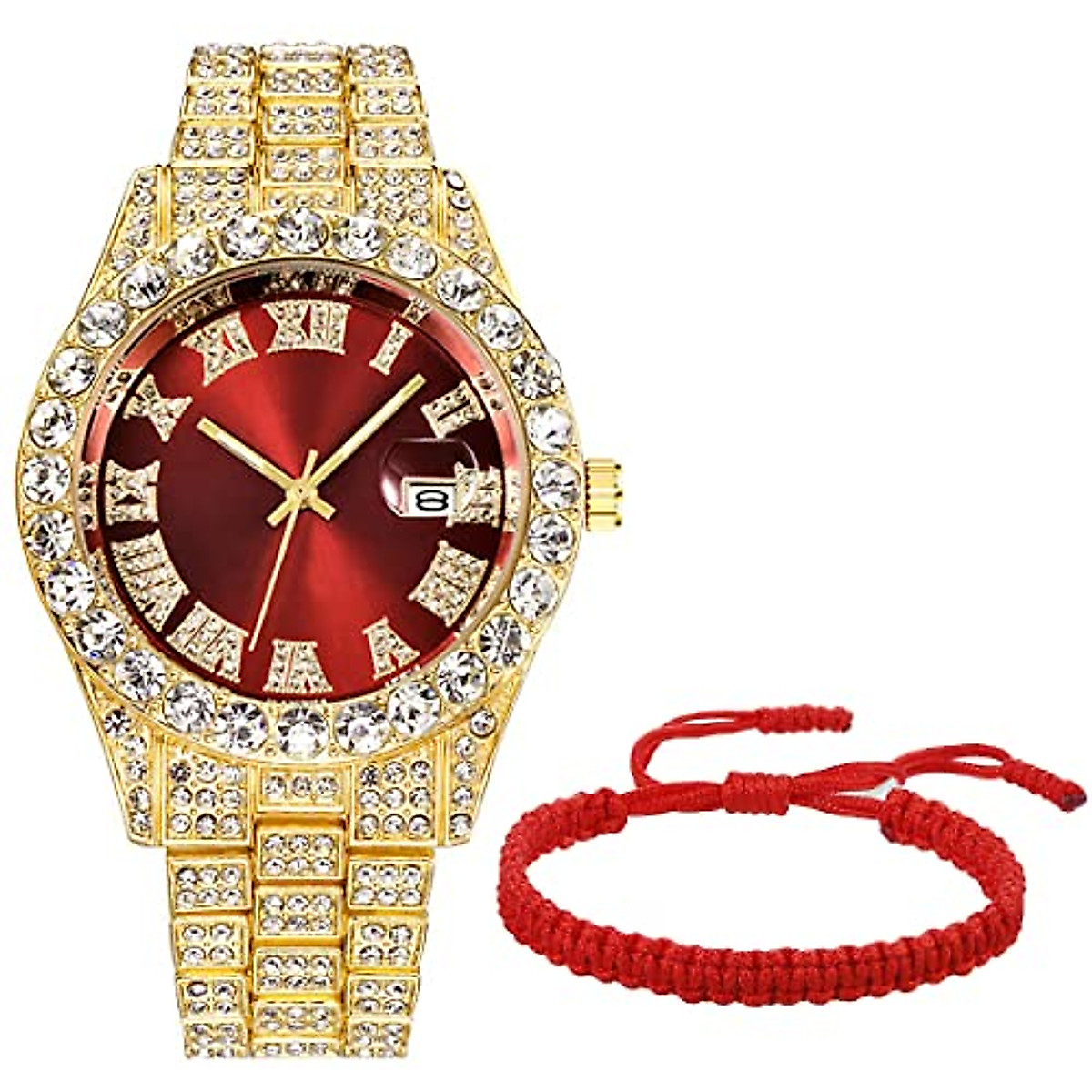 Unisex Luxury Iced Out Watch Mens Diamond Watches Roman Numerals Watches Quartz Analog Wrist Watch (Gold Red)