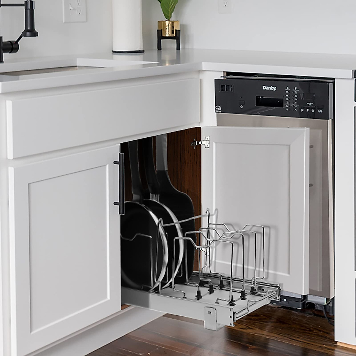 BBLHOME Pan and Pot Lid Pull Out Organizer,Cabinet Under Sliding Shelf with Adjustable Dividers,Cookware Organizer Rack for Kitchen,Pantry,11" W x 21" D x 9" H with Water Tray,Chrome