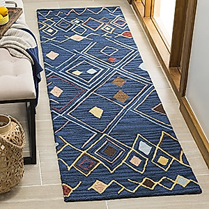 SAFAVIEH Suzani Collection Runner Rug - 2'3" x 12', Blue & Multi, Hand-Hooked Boho Wool, Ideal for High Traffic Areas in Living Room, Bedroom (SZN316A)