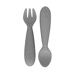 ezpz Mini Collection Set (Gray) - 100% Silicone Cup, Fork, Spoon & Mini Mat Suction Plate with Built-in Placemat for Infants + Toddlers - First Foods + Self-Feeding - 12 Months+