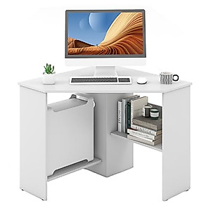 IFANNY Corner Computer Desk, 90 Degrees Triangle Desk w/Shelves & CPU Stand, Compact Corner Vanity Makeup Desk with Storage, Corner Desks for Small Spaces (White)
