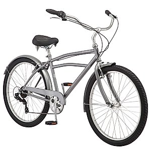 Schwinn Huron Beach Cruiser Bike for Adult, 7-Speed, Front and Rear Linear Pull Brake, 26-Inch Wheels, 17-Inch Step-Over Steel Frame, Full Front & Rear Fenders, Grey