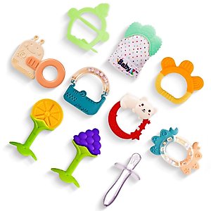 BABY K Baby Teething Toys Set 10 Pcs (Mint Green) - Teething Mittens for Babies - Freezable Teething Toys for Gum Relief - Sensory Toys for Babies with Soft Nubs - Rattles for Babies 6-12 Months