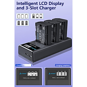 Artman 3-Pack 2750mAh LP-E6 LP-E6N Batteries and 3-Slot LCD Charger Compatible With Canon EOS R6 R5 R 90D 80D 70D 60D 60DA 6D 6D Mark II 5D Mark II/III/IV 5DS 5DS R 7D 7D Mark II XC15 XC10 BMPCC 4K/6K