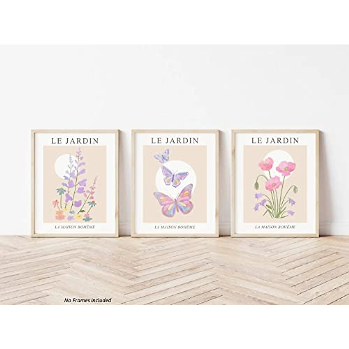 Le Jardin Posters for Room Aesthetic - Unframed Set of 3 (12x16 inch) Danish Pastel Room Decor, Butterfly Wall Art, Boho Wall Decor, Room Decor Aesthetic, Flower Market Posters, Purple Butterfly Pink Poppy Artsy Poster Prints for Living Room Bedroom by za
