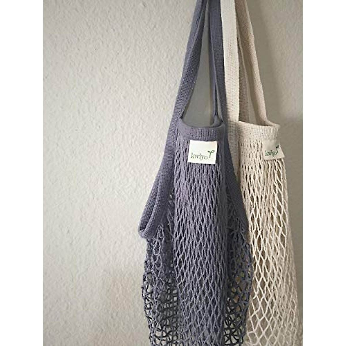 Reusable Grocery Net Bags, Cotton Mesh Tote, Farmer's Market Bags for Fruits and Vegetables, String Shopping Organizer, Storage Bag with Long Handles, 2 Packs (Beige, Gray)
