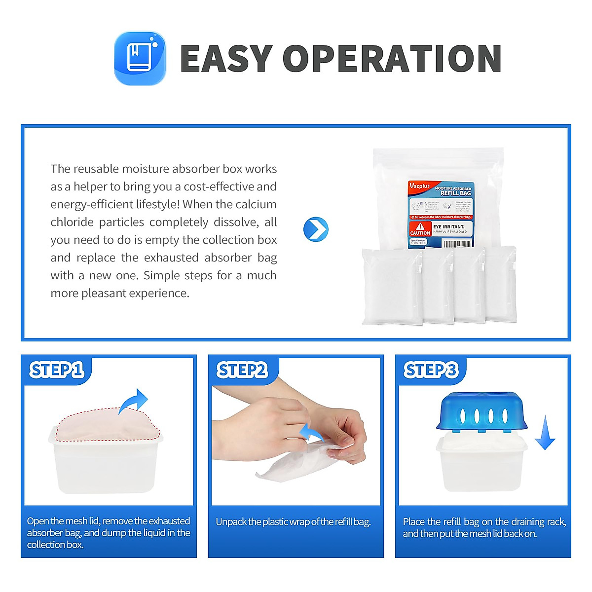 Vacplus Moisture Absorber Box Refill bags 4 Packs, Individually Wrapped Dehumidifiers for Closets & Efficient Refill Humidity Absorbers for Rooms with Easy Operation