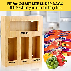 Bag Storage Organizer with Stickers for Kitchen Drawer, Bamboo Made Food Storage Wrapped Baggie Organizer Holders Dispenser, Compatible with Gallon Quart (Slider Quart) Sandwich and Snack Size Bags