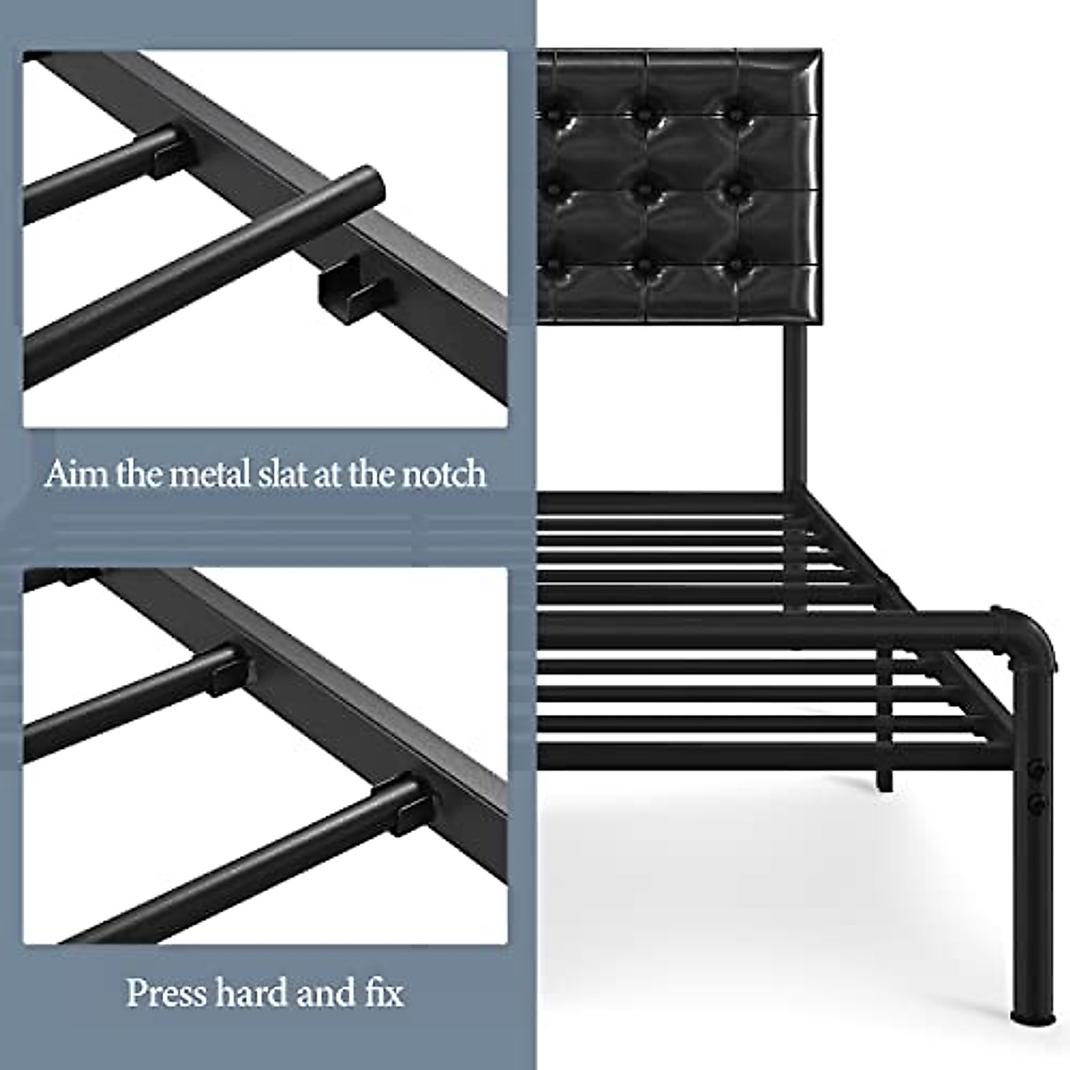 Yaheetech Queen Size Bed Frame, Metal Platform Bed with Faux Leather Height-Adjustable Headboard/12 Inch Underbed Storage/Noise Free/No Box Spring Needed/Industrial Pipe Foot End, Elegant Black