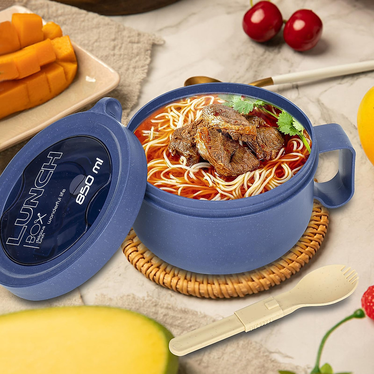Unbreakable Microwave Soup Mugs with Lids and Handles,Microwave Ramen Bowl with Lid for Soup and Instant Noodles,Oatmeal, Gumbo, Salad,BPA Free (Sapphire Blue)