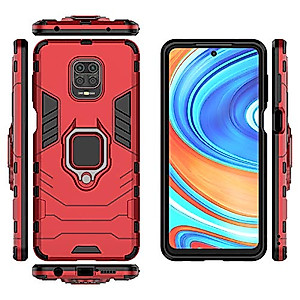 EasyLifeGo for Xiaomi Redmi Note 9S / Redmi Note 9 Pro/Note 9 Pro Max Kickstand Case with Tempered Glass Screen Protector [2 Pieces], Heavy Duty Armor Dual Layer Anti-Scratch Case Cover, Red