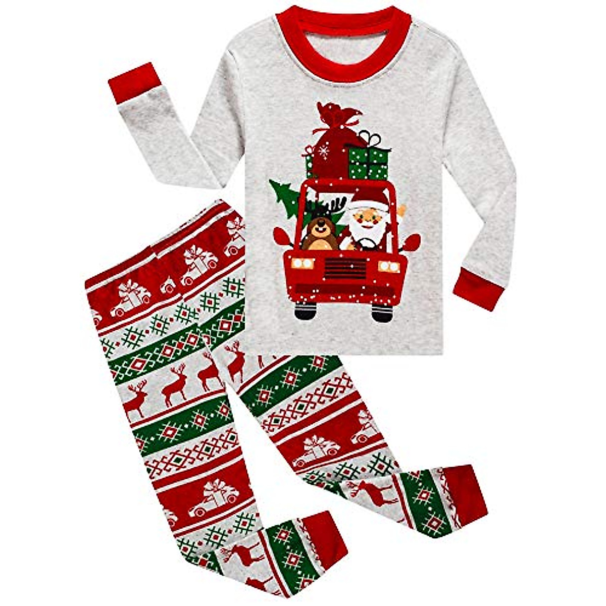 KikizYe Christmas Reindeer Santa Claus Car gift Little Boys Long Sleeve Pajamas 100% Cotton Holiday Grey Sleepwears Toddler Size 2T