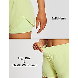 BALEAF Women's Workout Running Shorts 2 in 1 Spandex High Waisted 3" Athletic Shorts with Liner Pockets Green M