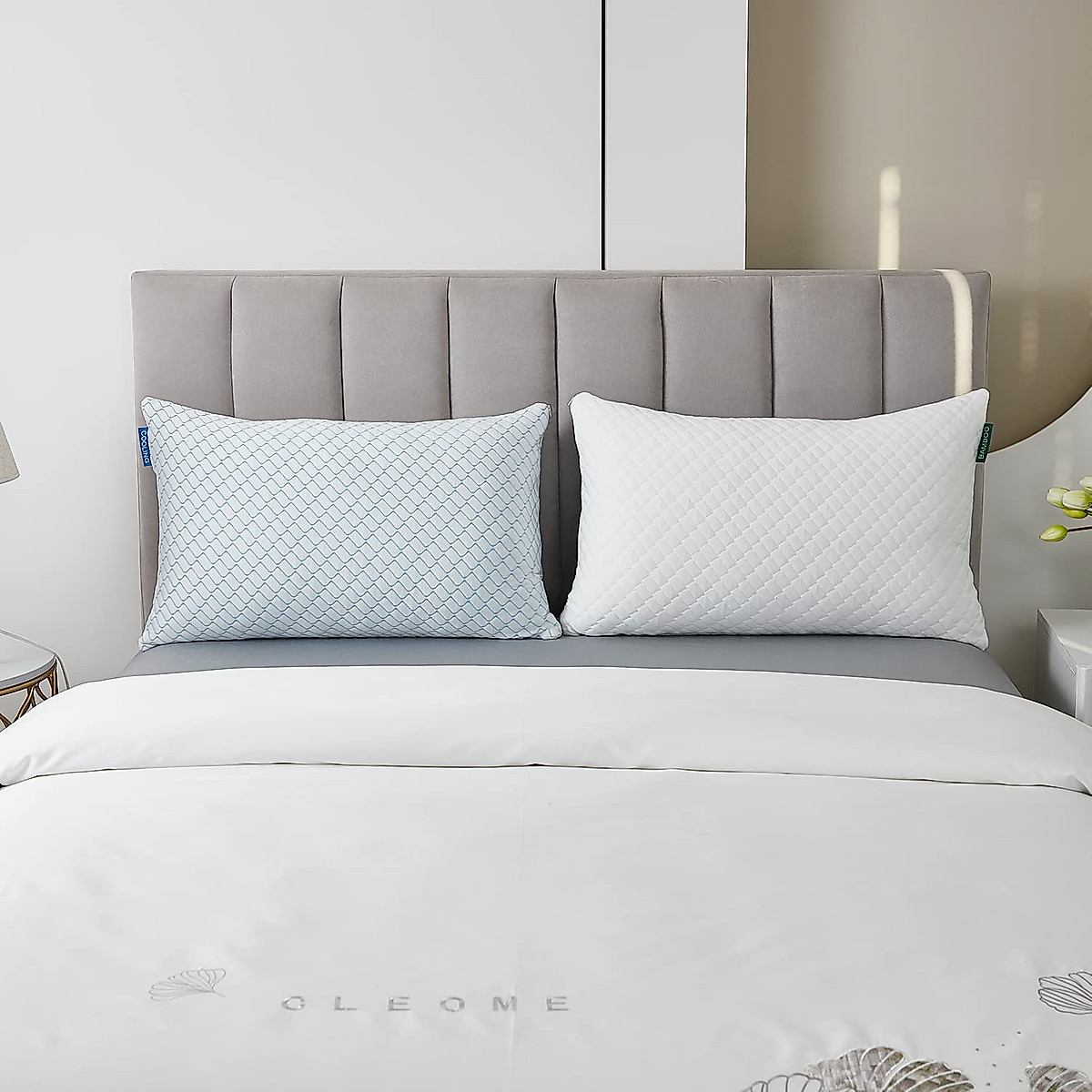 Uniqwamer Cooling Bed Pillows for Sleeping 2 Pack Shredded Memory Foam Adjustable Pillows King Size Set of 2 for Side Back Sleepers - Luxury Extra Comfy Gel Pillows with Washable Removable Cover