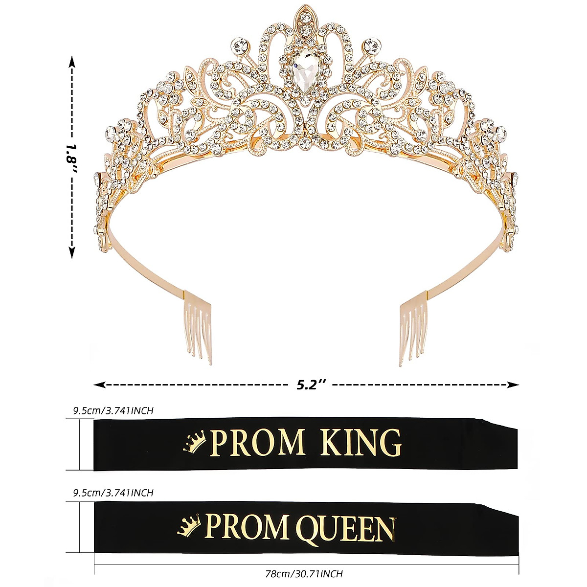 Prom King and Queen Crown Set, Prom King and Queen Sashes Gold Queen Crown, Prom Decorations School Prom, Graduation Party School Party Accessories, Black Satin Sash with Gold Print