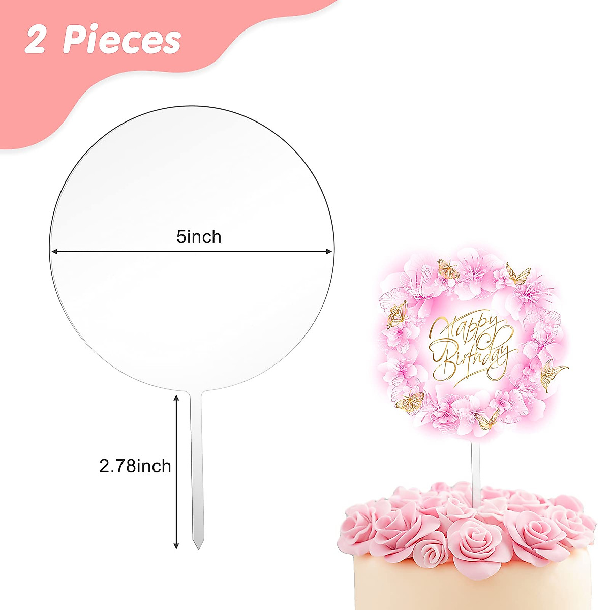 2 Pieces 5 Inch Round Acrylic Cake Toppers Round Clear Cake Topper Blanks DIY Birthday Cake Topper for Personalized Custom Wedding, Birthday Festival Party Cake Decorations
