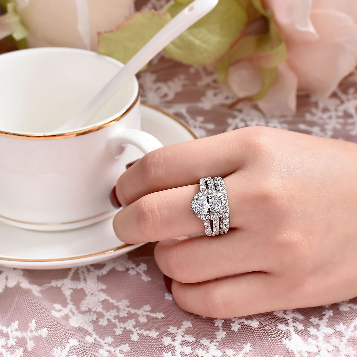 Wuziwen 4 Carats Wedding Engagement Band Rings for Women Sterling Silver Cubic Zirconia Size 7