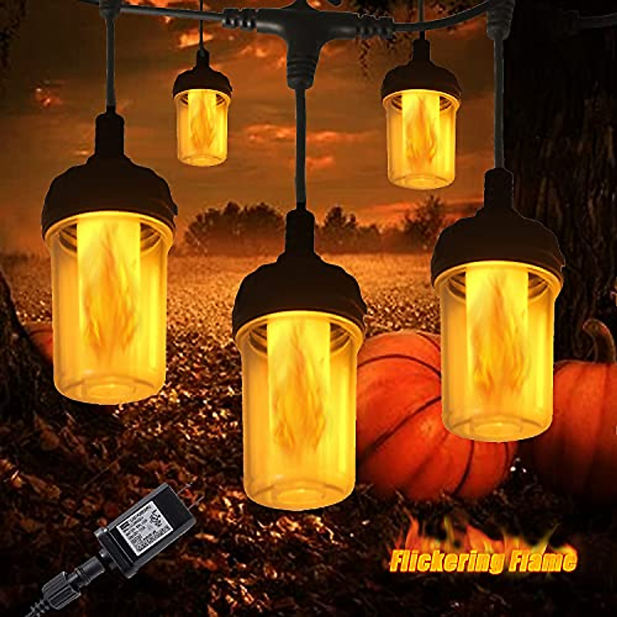 Flickering Flame String Lights for Halloween Decor Outdoor,23Ft LED String Lights for Outside,Plug in Garden Lights,Connectable Backyard Lights 10 Lantern & Hooks Decorative Lights Cafe Bistro Patio