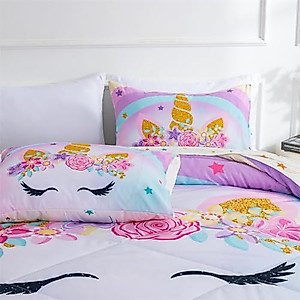 NTBED Unicorn Twin Comforter Set with Sheets,5 Pieces Kids Bedding Sets for Girls, Lightweight Microfiber Star Rainbow Bed in a Bag,Blue Purple