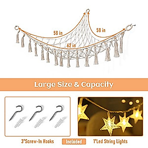 Homcosan Stuffed Animal Hammock with LED Light Large Toy Hammock for Stuffed Animals Storage Handmade Macrame Toy Hammock Organizer with Tassels Boho Toys Storage Hammock for Kid's Room 62"58"58"