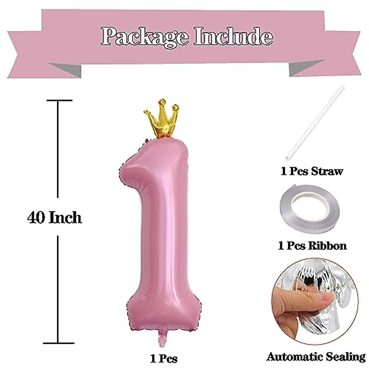 40 Inch Crown Pink Number 1 Balloons, Jumbo Light Pink Number Balloon ...