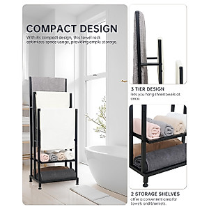 ZOES HOMEWARE 41" H Free Standing Towel Rack for Bathroom | 3 Tier Blanket Rack with 2 Storage Shelves | Anti-Rust Stand Towel Rack for Outdoor,Bathroom,Bath&Pool | Black, 41"x16"x12"