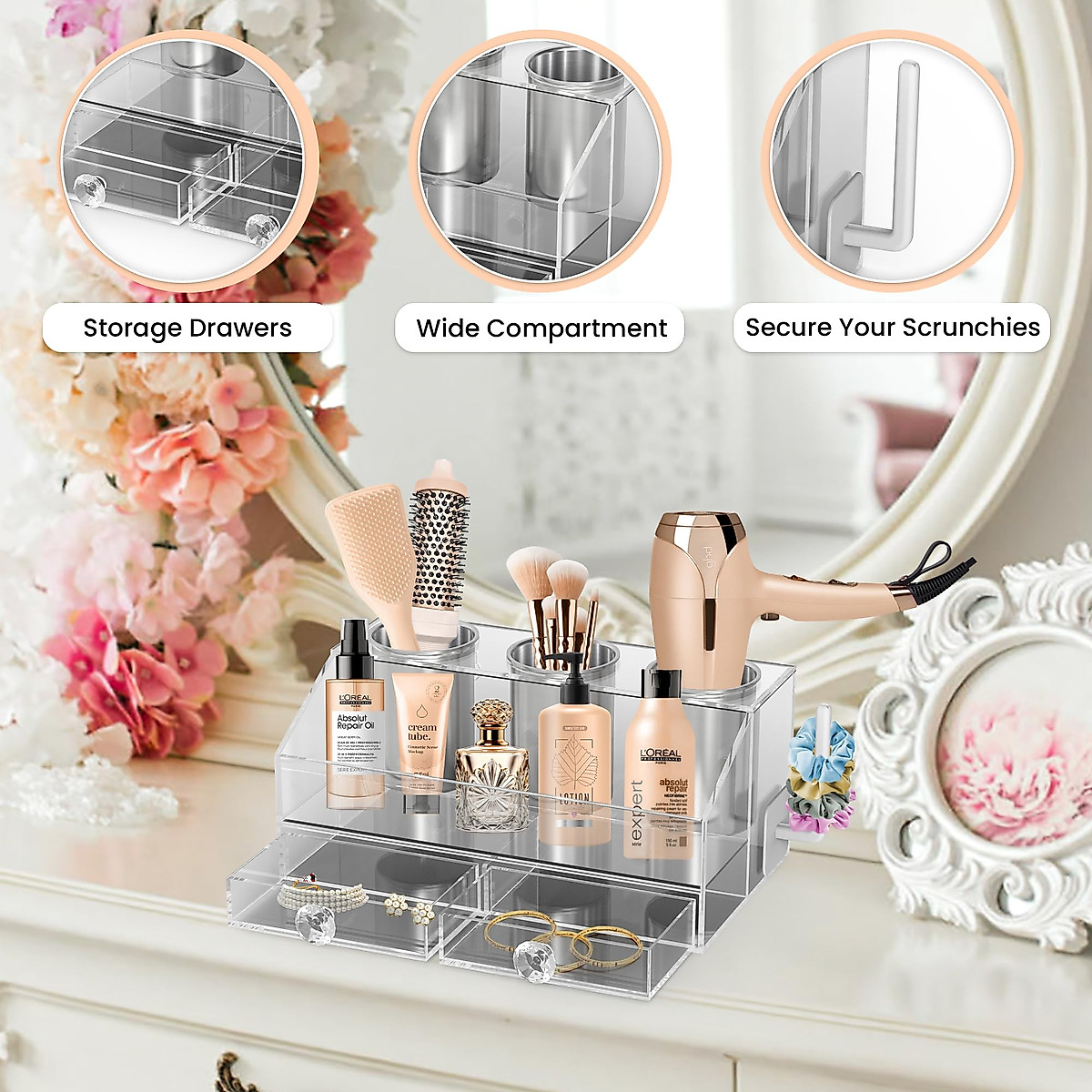 FINECLICK Hair Tool Organizer, Acrylic Wall Mount Blow Dryer and Hair Styling Holder with Storage,Bathroom Countertop Hair Dryer Holder,Vanity Caddy for Toiletries,Accessory Makeup (Two Drawer, Clear)