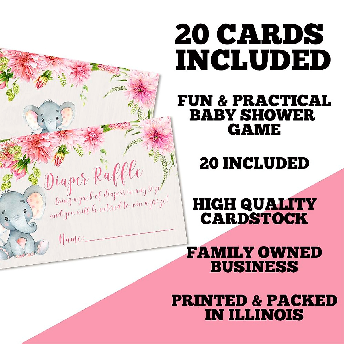 Amanda Creation Watercolor Dahlia Floral Elephant Diaper Raffle Tickets for Girl Baby Showers, 20 2" X 3” Double Sided Inserts, Bring a Pack of Diapers to Win Favors & Prizes!