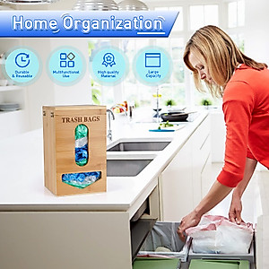 Jolensoy Trash Bag Holder Grocery Bag Holder Bamboo Garbage Bag Holder Wall Mounted Double Easy-Access Opening for Home Kitchen Cabinet Organization (Bamboo color)