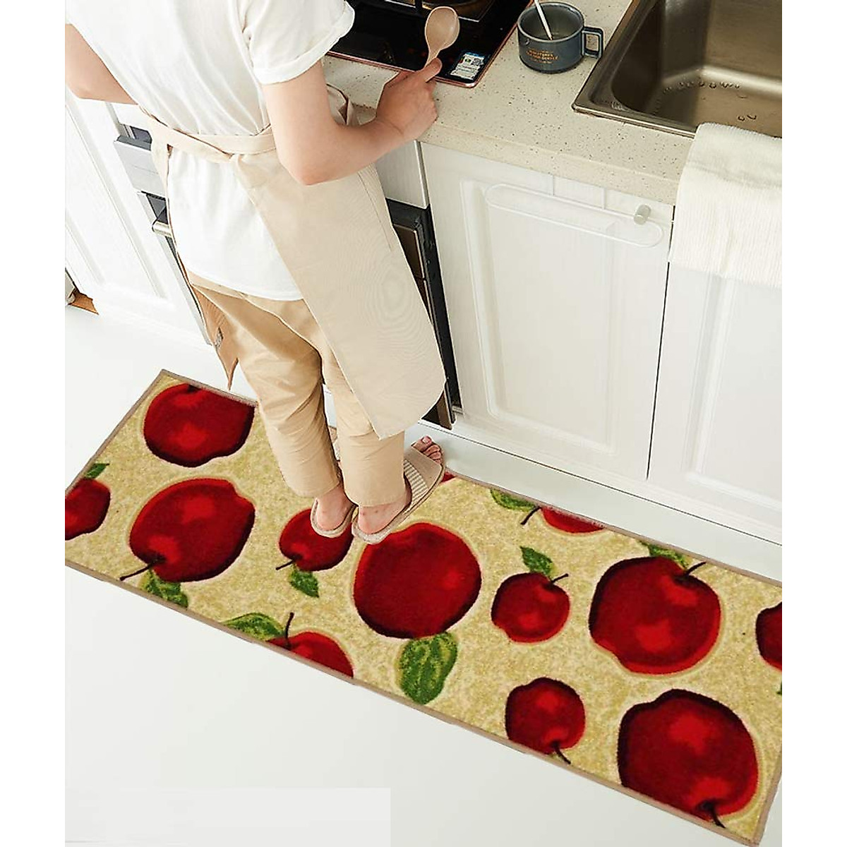Wolala Home 3 Piece Sets Rubber Backing Non-Slip Red Apple Kitchen Rug and Mats Washable Durably Bath Area Rugs Doormat Thin