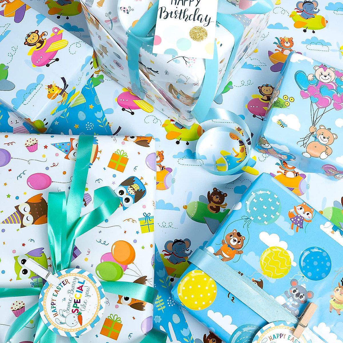 LeZakaa Birthday Wrapping Paper Sheet - 12 Sheet with 6 Different Animal Design for Kids, Boys, Girls -27.5 x 19.6 inches Per Sheet