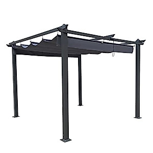 Outdoor Patio Retractable Pergola, Black Steel Frame with Gray Adjustable Sling Canopy Sunshelter Pergola for Gardens, Terraces, Backyard (10 Ft x 10 Ft, Gray)