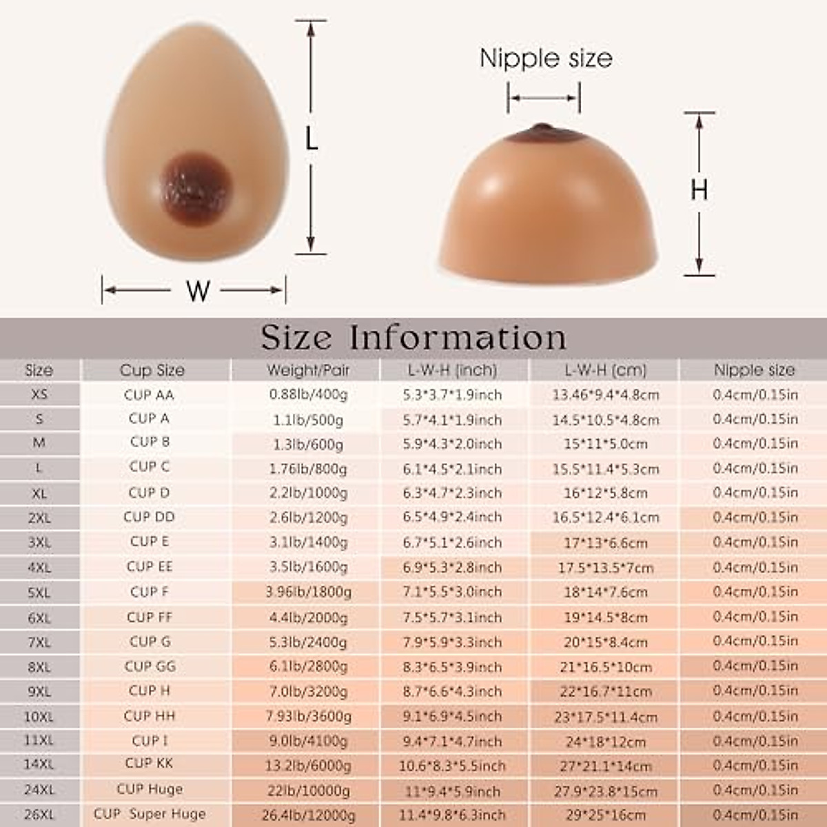 Vollence C Cup Silicone Breast Forms Bra Enhancer Inserts Concave Bra Pads - Suntan