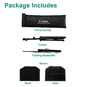 Vekkia Metal Folding Sheet Music Stand - Portable Lightweight music stand for sheet music with carrying bag&deluxe fabric tray sleeve,adjustable music holder,Black