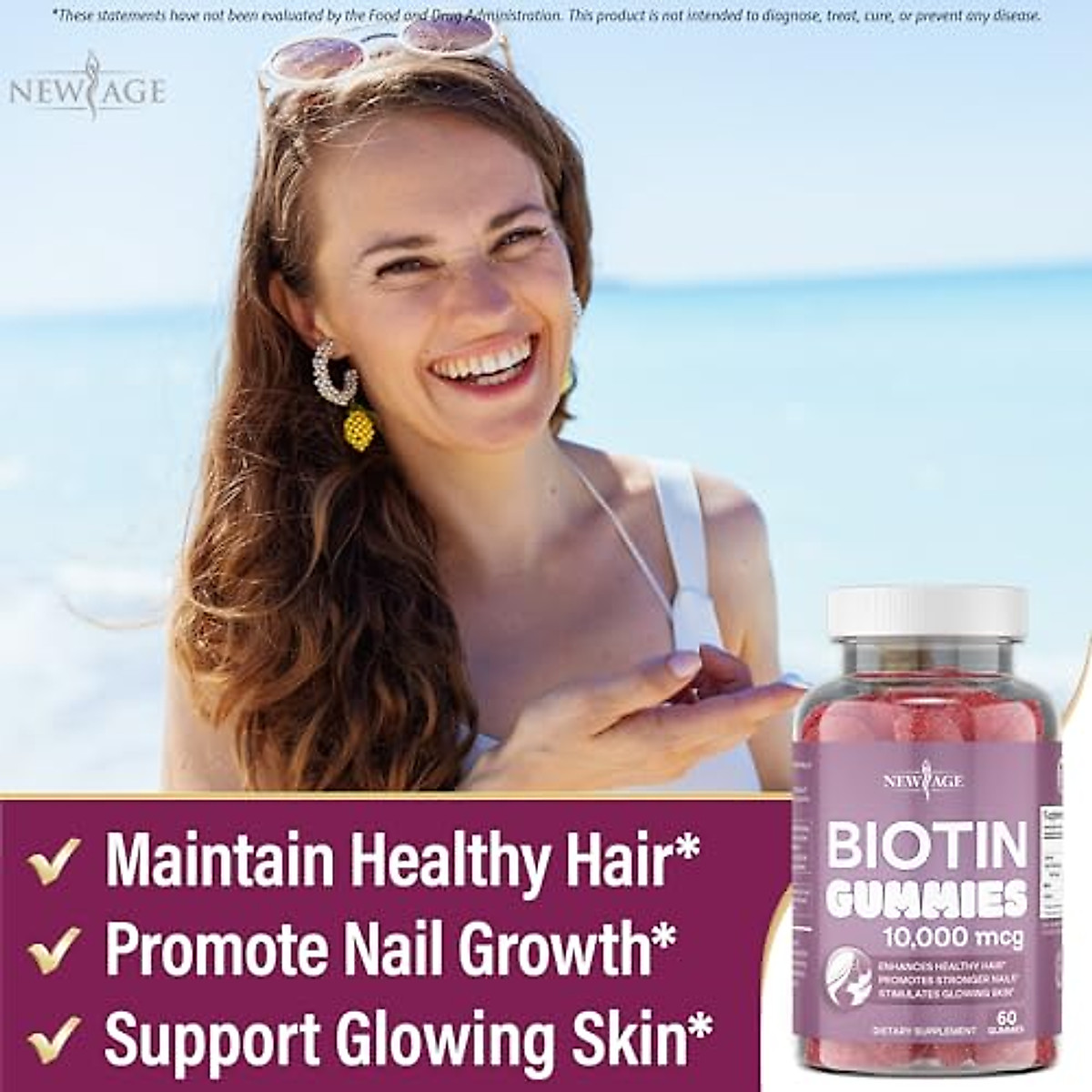 NEW AGE Biotin Gummies – Hair, Skin & Nails Gummies – 10,000 mcg - Non-GMO Supplement for Women, Men - Made in USA -120 Count