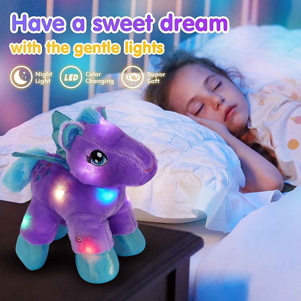 BSTAOFY Light up Pegasus Stuffed Animal Glow Unicorn LED Soft Plush Toys, Bedtime Nightlight Companion Gift for Kids on Christmas Birthday Valentines Day, Purple