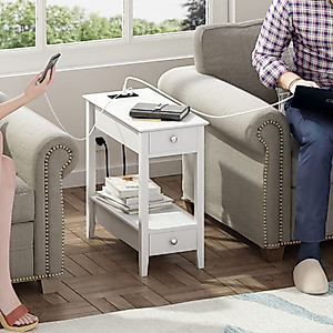 Treocho Side Table with Charging Station, Narrow End Table with Storage, 2-Drawer Nightstand with USB Ports & Power Outlet, White Sofa Bedside Table for Small Spaces, Living Room, Bedroom
