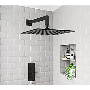 Aquaiaw Square Shower Arm and Anti-Scratch O-Ring Flange, 16 inch, Solid Brass, Soldered 90 Degree Drop, Both Soldered 1/2 NPT Tapered Threads, Wall Rain Shower Head Extension Arm (Matte Black)