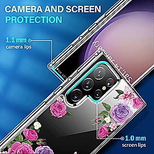 KISPURE for Samsung Galaxy S23 Ultra Case,Clear Rose Flower Garden Floral Women Phone Case Shockproof Protective Design,Thin Soft Silicone TPU Bumper Case for Galaxy S23 Ultra(2023)with kickstand,Pink