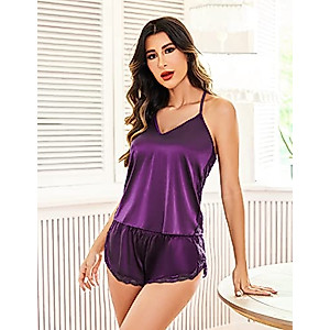Avidlove Women's Satin Pajamas Cami Top Short Sets Silk Nightwear Purple Medium