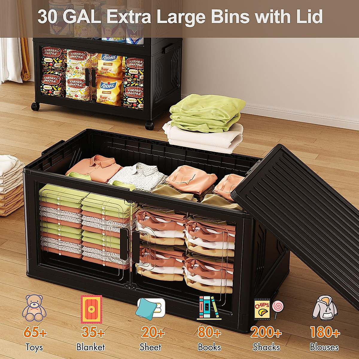 QAVABIN 120GAL Large Storage Bins with Lids and Wheels, 4 Tiers Stackable Closet Organizers and Storage, Collapsible Storage Bins with Doors, Plastic Folding Storage Containers for Room Garage, Black