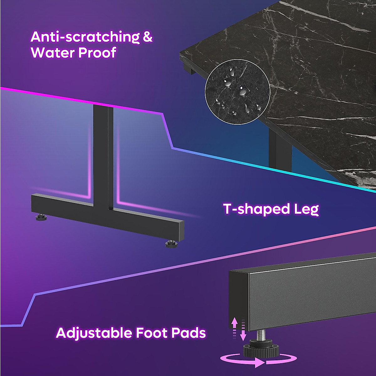 Bestier Gaming Desk with LED Lights, 42 inch Computer Desk with Monitor Stand Gamer Workstation with Cup Holder & Headset Hooks, Modern Simple Style Desk for Home Office, Black Marble