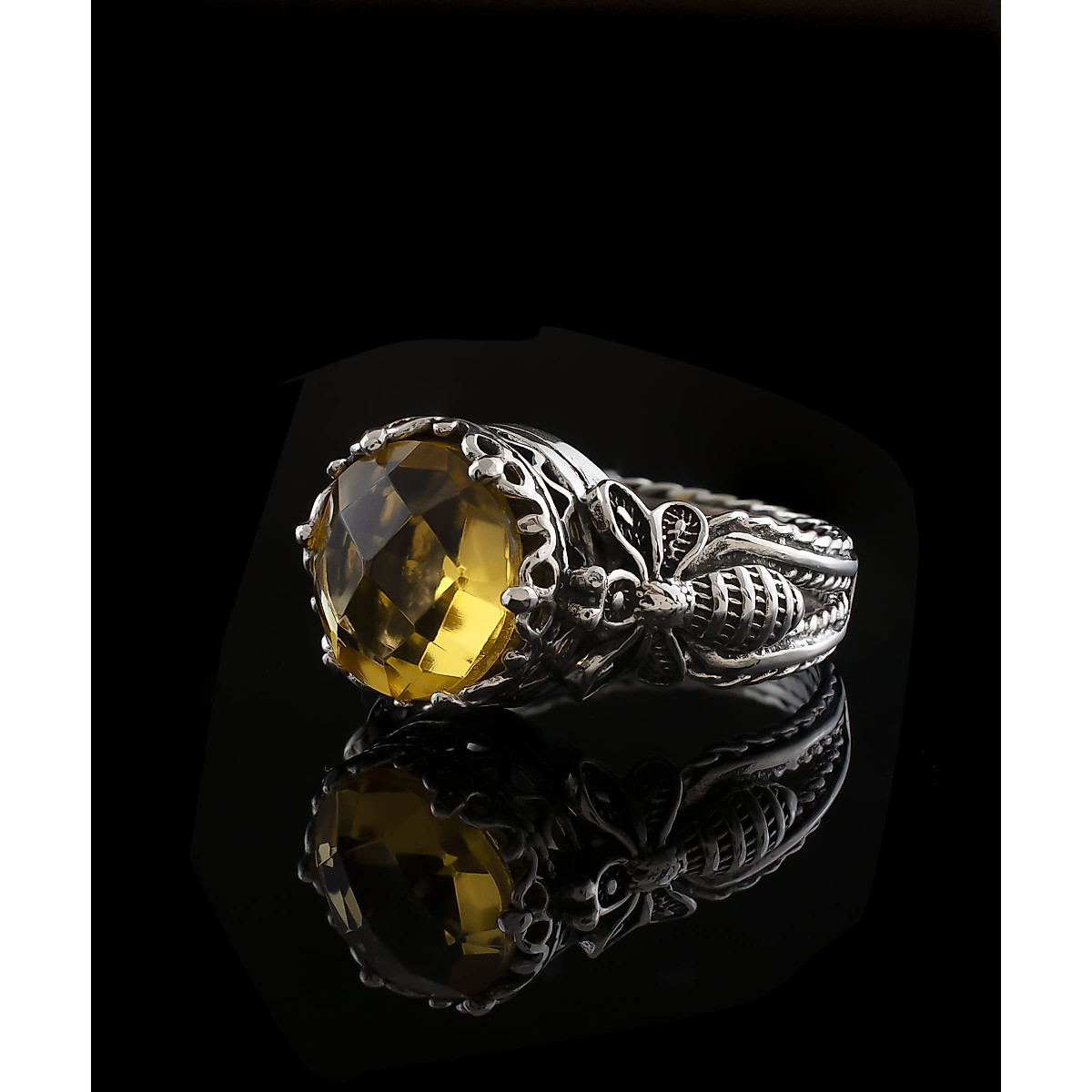 Filigranist 925 Sterling Silver Filigree Art Queen Bee Detailed Gemstone Women Cocktail Ring, Luxurious Gift Boxed (Citrine, 6)