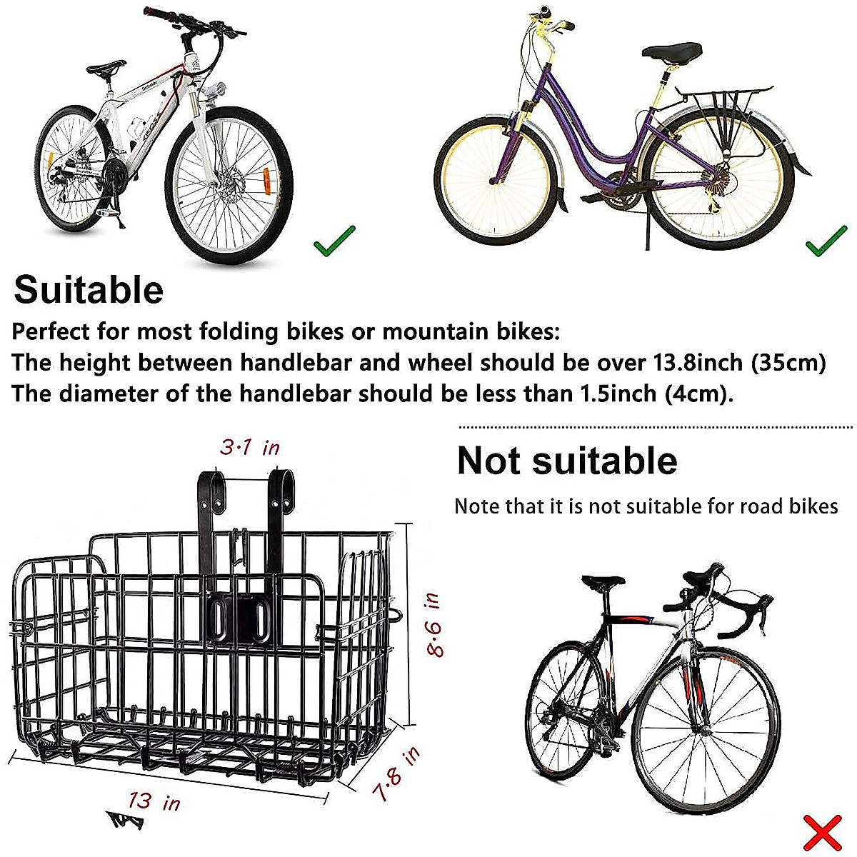 Folding Bike Basket,Cargo Basket for Bike,Removable Front Bag Rear Rack Hanging Bicycle Basket,Collapsible Bike Baskets for Women's and Men's,Mountain Bike Accessories Bike Frame Basket 1 Pack