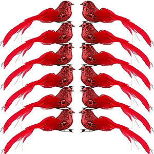 WDDH 12Pcs Artificial Christmas Cardinal Birds, 6inch Glitter Mini Foam Red Christmas Birds with Long Tail Feather, Clip-on Christmas Tree Ornament Small Bird Figurine for Home Garden Wedding Decor