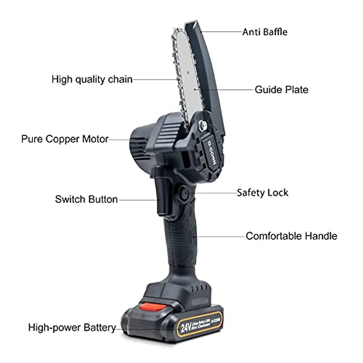Mini Chainsaw, O-CONN 4 Inch 24V Battery Powered Cordless Chainsaw w/ 2.0Ah Battery and Charger, Handheld Portable Electric Small Chain Saw, for Tree Trimming Branch Wood Cutting (1 Battery 1 Chain)