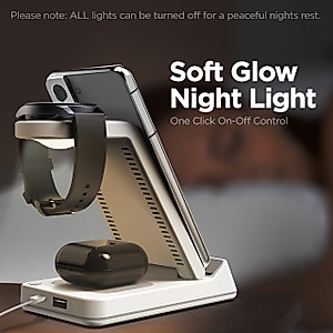 Galvanox 3-in-1 Wireless Charging Station with Alarm Clock for All Samsung Devices - Foldable Design with Nightlight - Compatible with Galaxy Phones/SmartWatch and Earbuds (White)